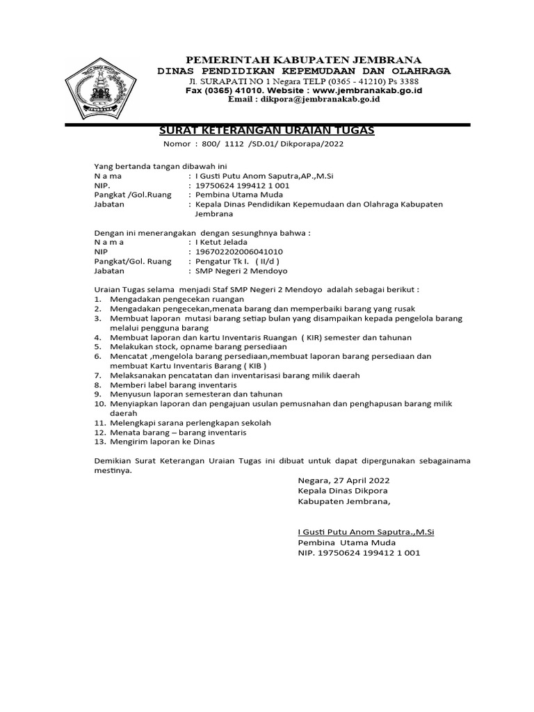 Surat Keterangan Uraian Tugas 2022 | PDF