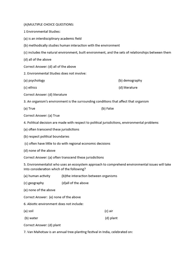 Environmental Studies Quiz Questions | PDF | Atmosphere Of Earth ...