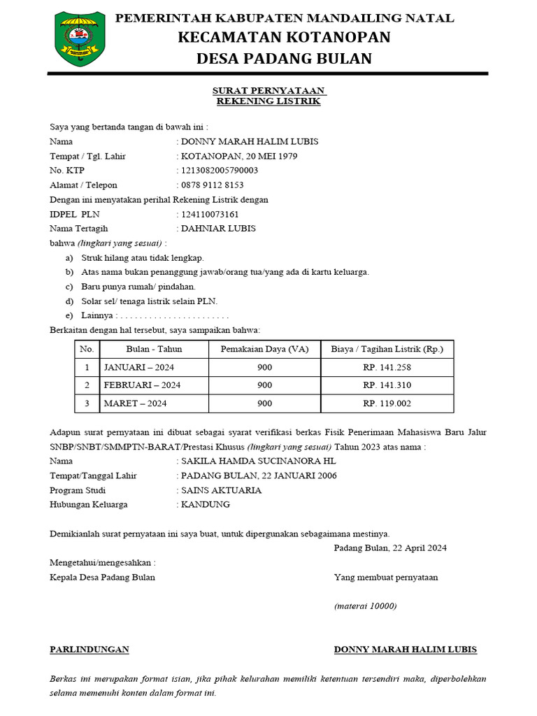 Surat Pernyataan Rekening Listrik | PDF