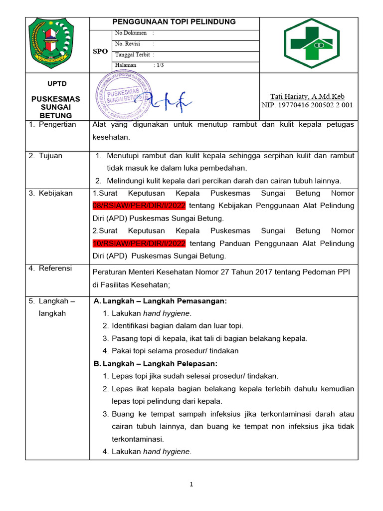 Spo Penggunaan Topi Apd | PDF | Kesehatan Holistik | Sains & Matematika