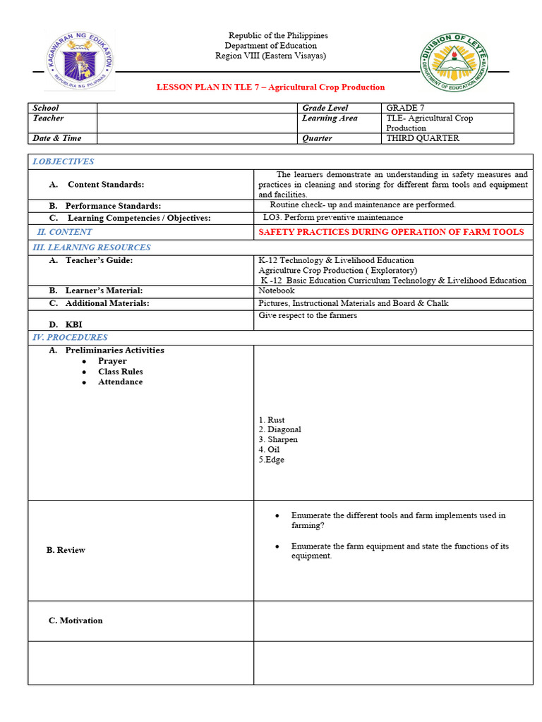 Grade 7 Lesson Plan: Farm Tools Safety | PDF | Learning | Lesson Plan