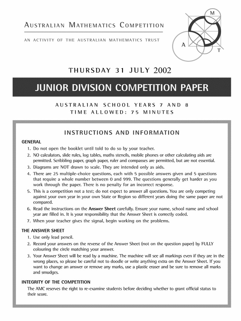 AMC 2002 Junior Division Questions | PDF | Litre