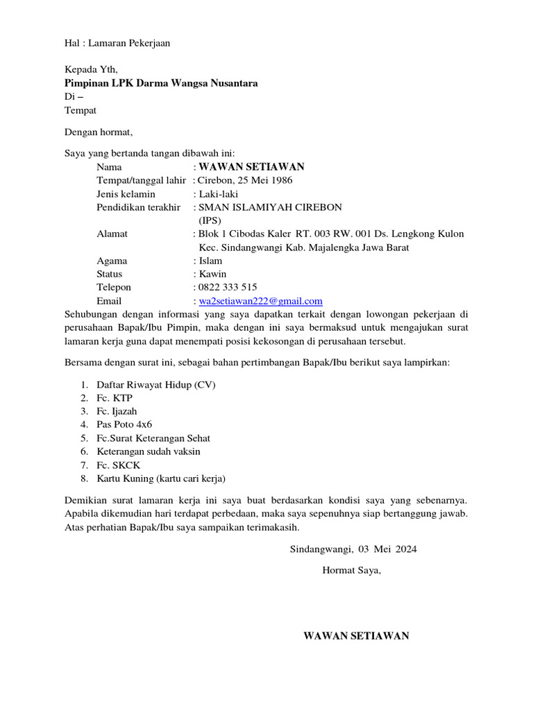 Surat Lamaran Kerja Wawan Setiawan | PDF