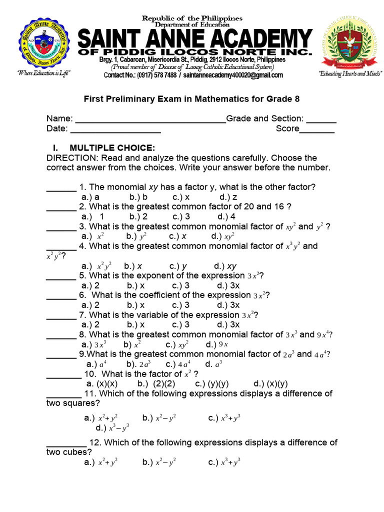 First Long Exam in Math For Grade 8 | PDF | Mathematics | Algebra