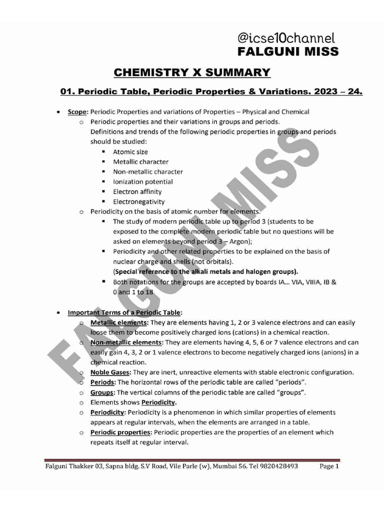 01 CHEM X ICSE SUMMARY Periodic Properties& Variations | PDF