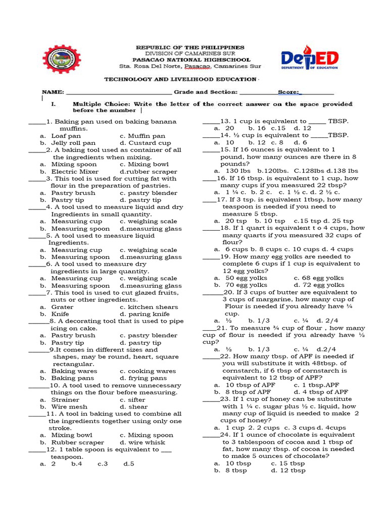Grade 8 Final Exam 1ST | PDF | Tablespoon | Breads