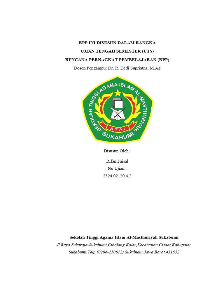 RPP UTS STAI Al-Masthuriyah Sukabumi | PDF