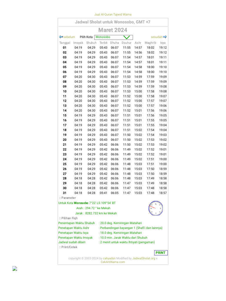 Jadwal Sholat Bulan Maret 2024 Untuk Daerah Wonosobo | PDF