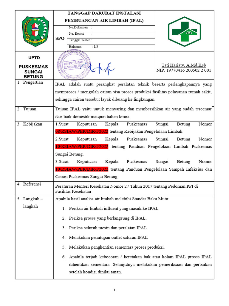 Spo Tanggap Darurat Ipal | PDF