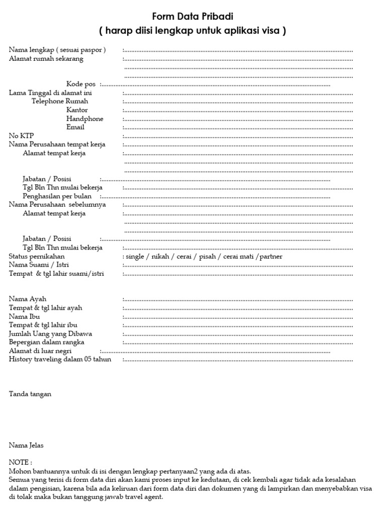 Template Formulir Data Pribadi Visa Application | PDF