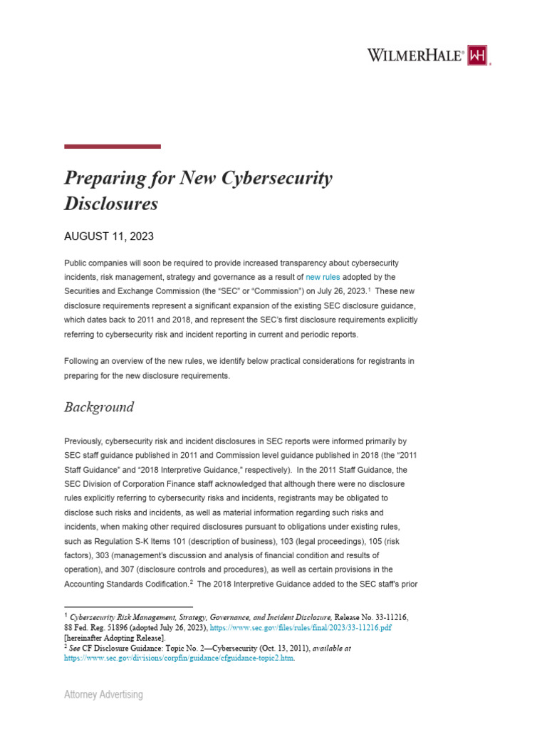 Preparing For New Cybersecurity Disclosures | PDF | Regulation S K | U ...