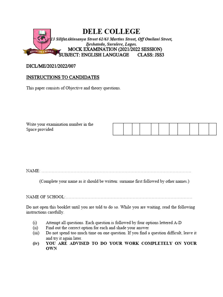 JSS3 Mock Exam English | PDF | Insomnia | Substance Abuse