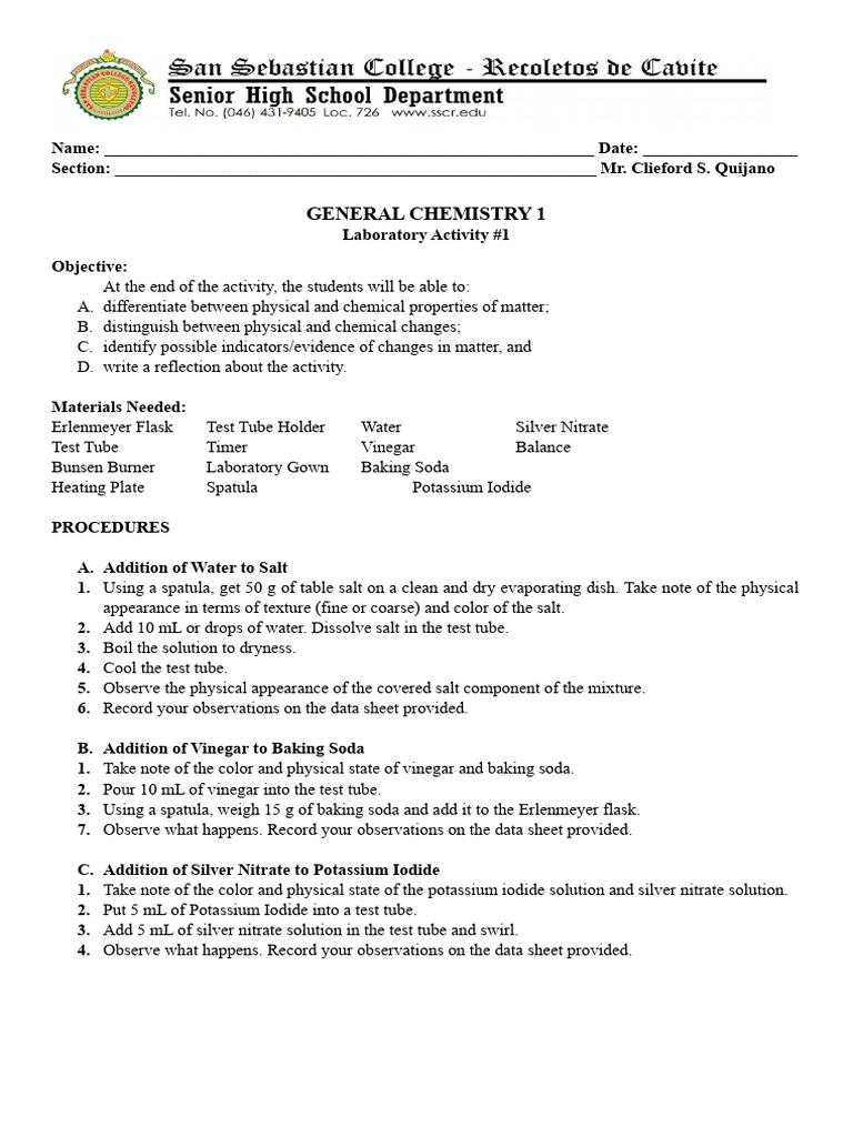 Laboratory Activity 1 | PDF | Chemical Substances | Sodium Bicarbonate