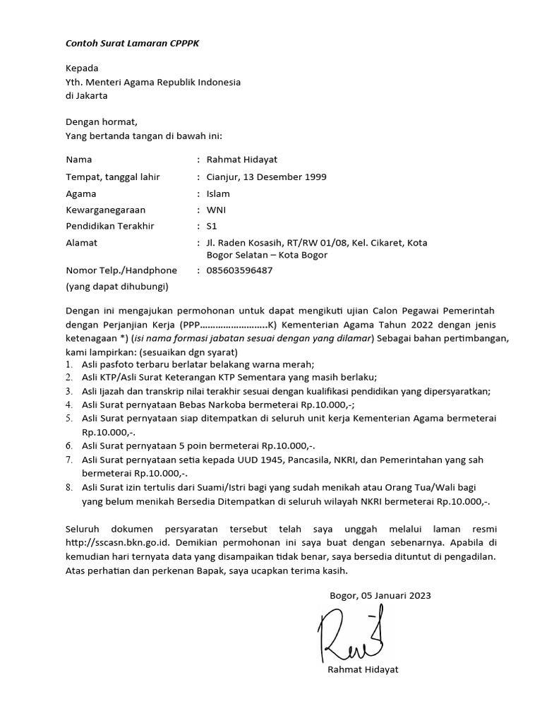 Contoh Surat Lamaran CPPPK 2022 | PDF | Hukum