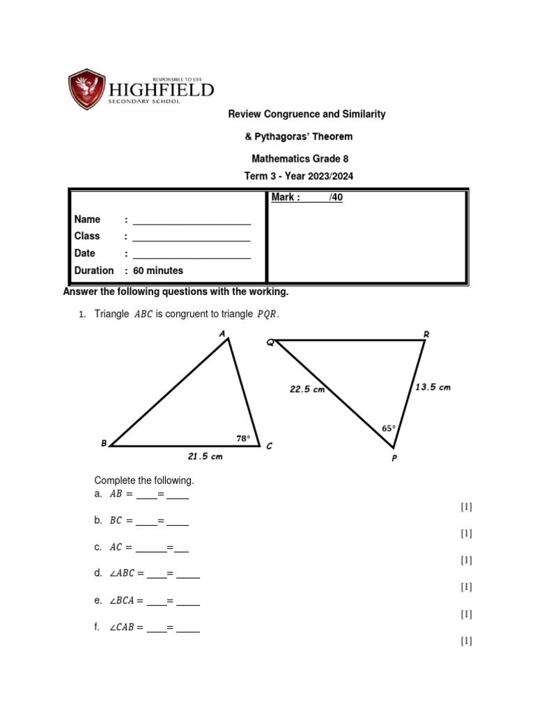 Grade 8 Math: Congruence & Similarity Exam | PDF | Area | Elementary ...