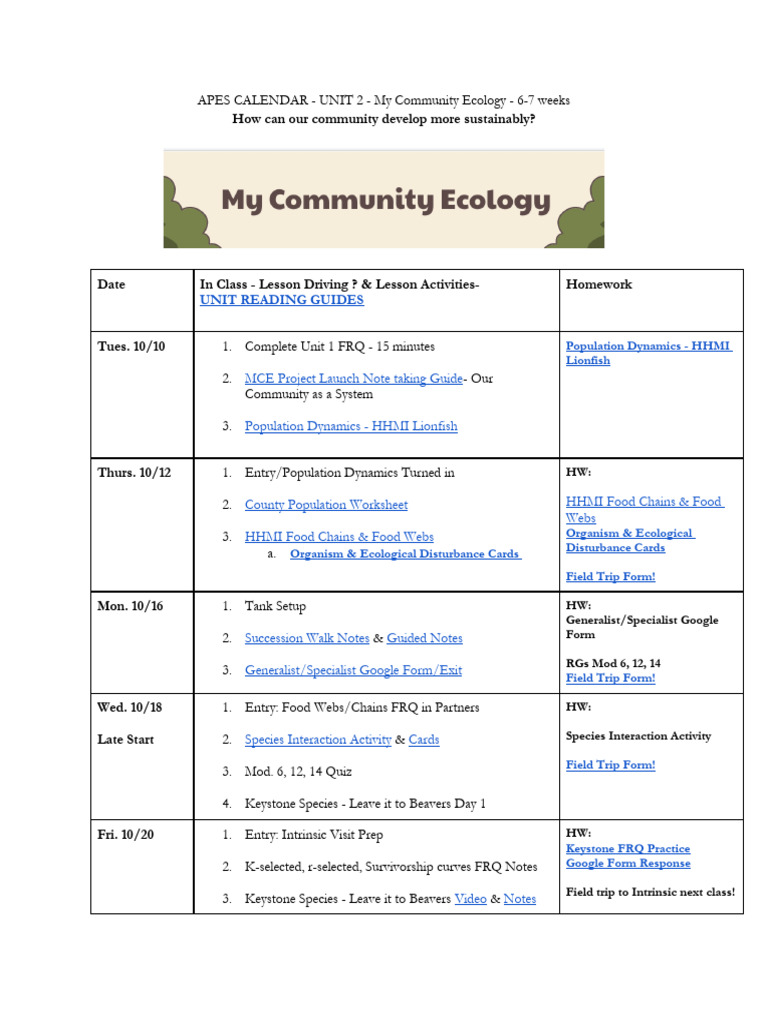 APES CALENDAR - UNIT 2 - My Community Ecology - 6-7 Weeks | PDF ...
