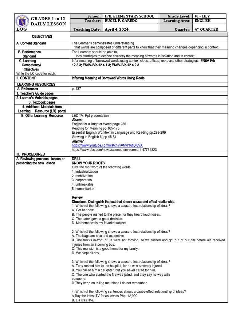 English 6 Q4 - W1 - D4 | PDF | Learning | Science