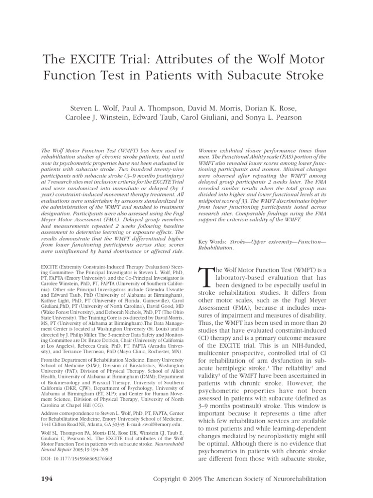 Wolf Et Al 2005 The Excite Trial Attributes of The Wolf Motor Function ...
