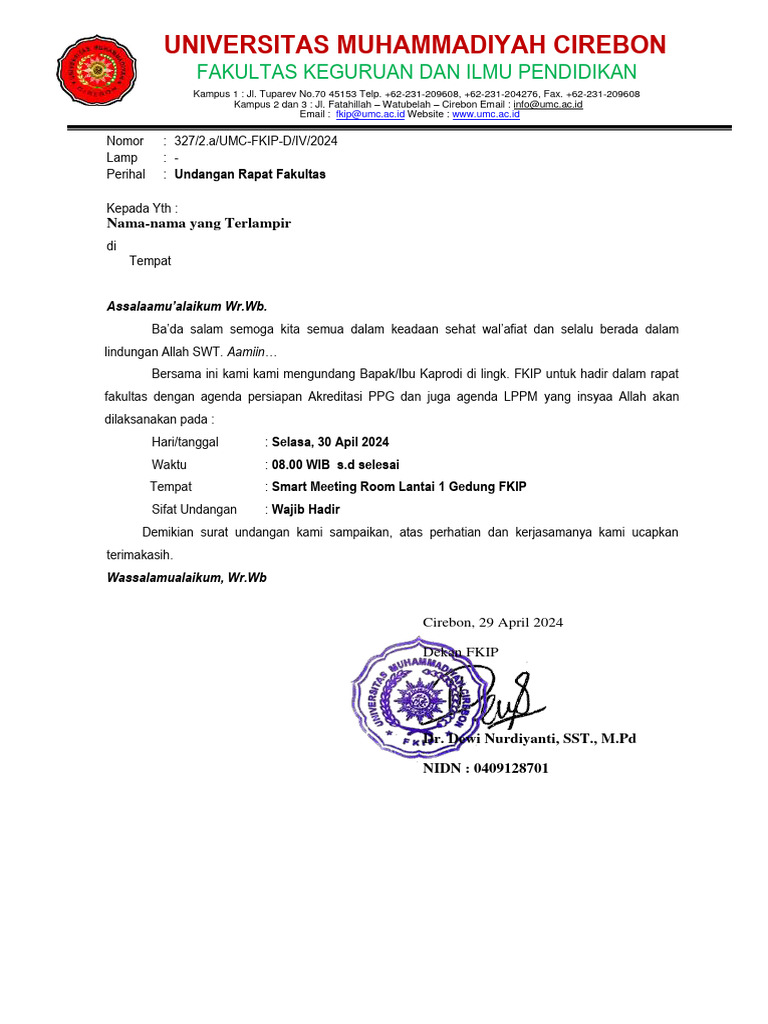 Undangan Rapat Fakultas FKIP UMC | PDF | Karier & Perkembangan ...