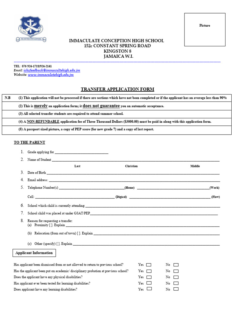 ICHS Transfer Application Form 2021 | PDF | Parent
