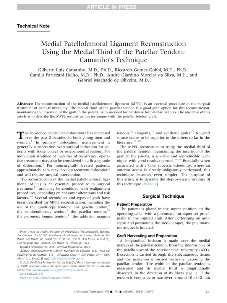 Medial Patellofemoral Ligament Reconstruction Camanho Technique | PDF ...