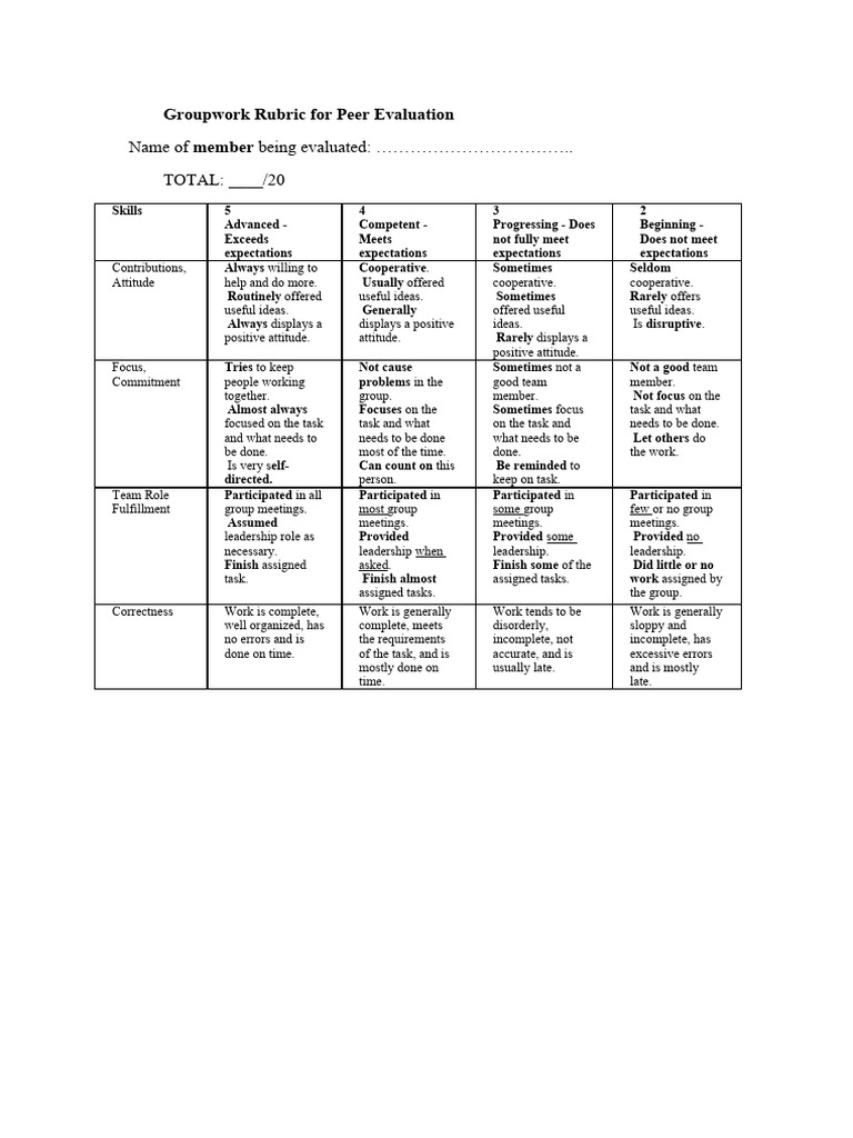 Groupwork Rubric for Peer Evaluation | PDF | Leadership | Behavioural ...