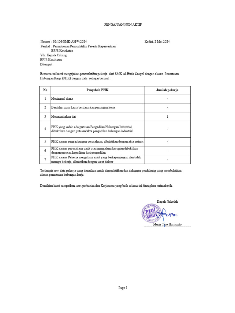 Surat Penonaktifan BPJS Kesehatan | PDF