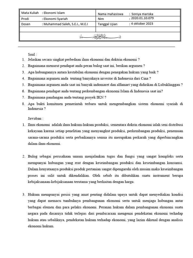 Soniya Mariska-Ekonomi Islam (Lembar Jawaban) | PDF | Ilmu Sosial