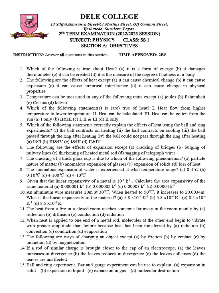 ss1 2nd term physics | PDF | Heat | Thermal Expansion