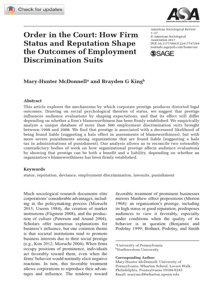 Order in The Court: How Firm Status and Reputation Shape The Outcomes of Employment ...