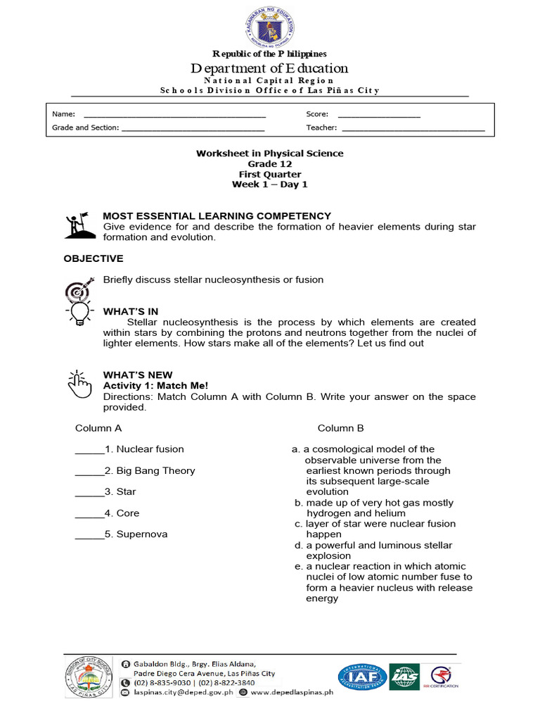 Worksheet Week 1 Day 1 | PDF | Stars | Nuclear Fusion