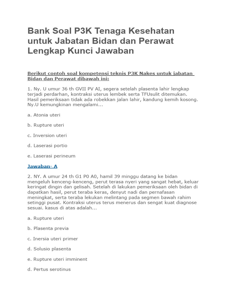 Bank Soal P3K Tenaga Kesehatan Untuk Jabatan Bidan Dan Perawat Lengkap Kunci Jawaban | PDF ...