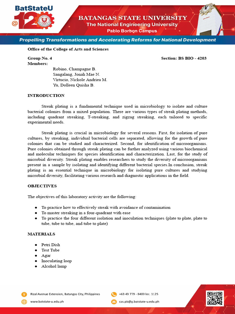 Activity 4 - Streaking GR 4 | PDF | Laboratory Techniques | Life Sciences