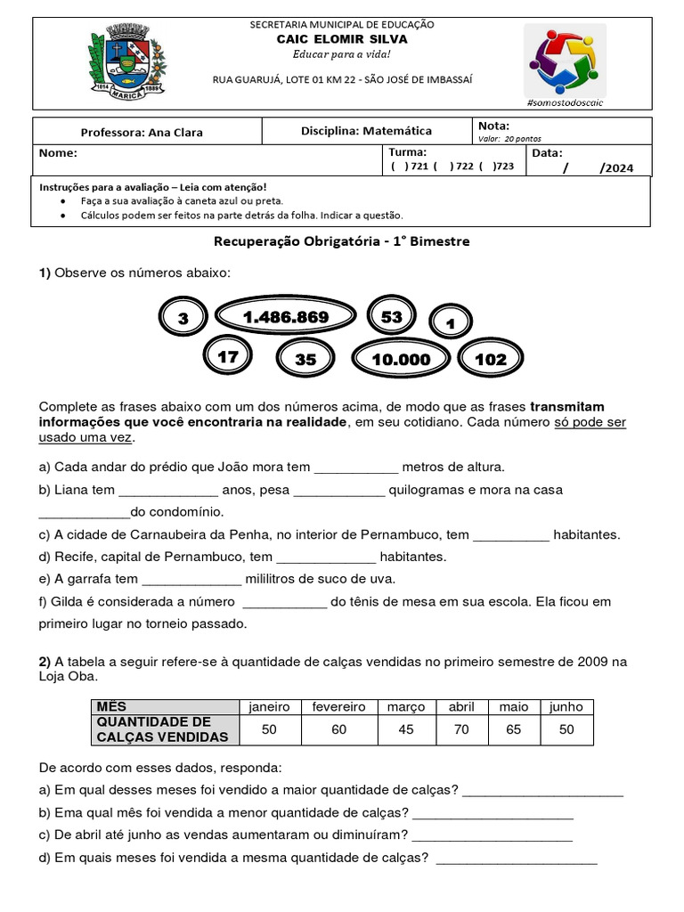CAIC RO B1 Matemática 7°ano | PDF