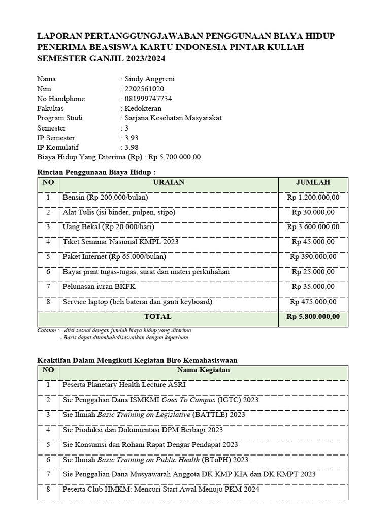 Salinan Dari Form LPJ KIP Kuliah | PDF