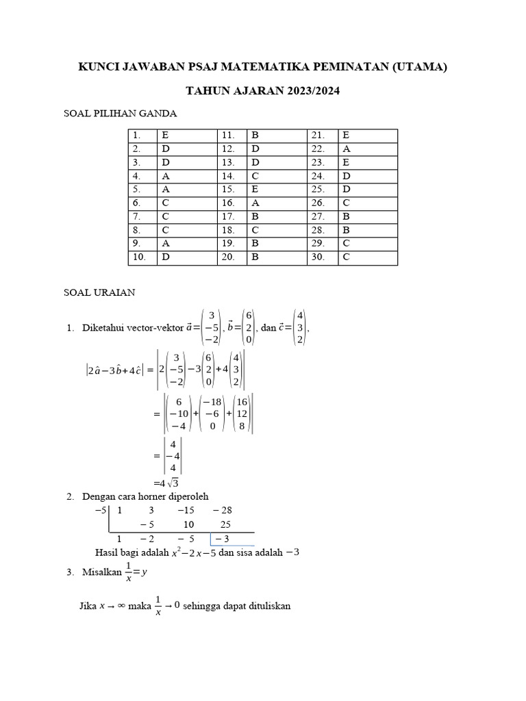 Psaj (Utama) Kunci Jawaban & Pedoman Penskoran Matematika Peminatan | PDF