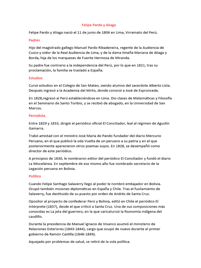 Felipe Pardo y Aliaga Nació El 11 de Junio de 1806 en Lima | PDF | Perú | América del Sur