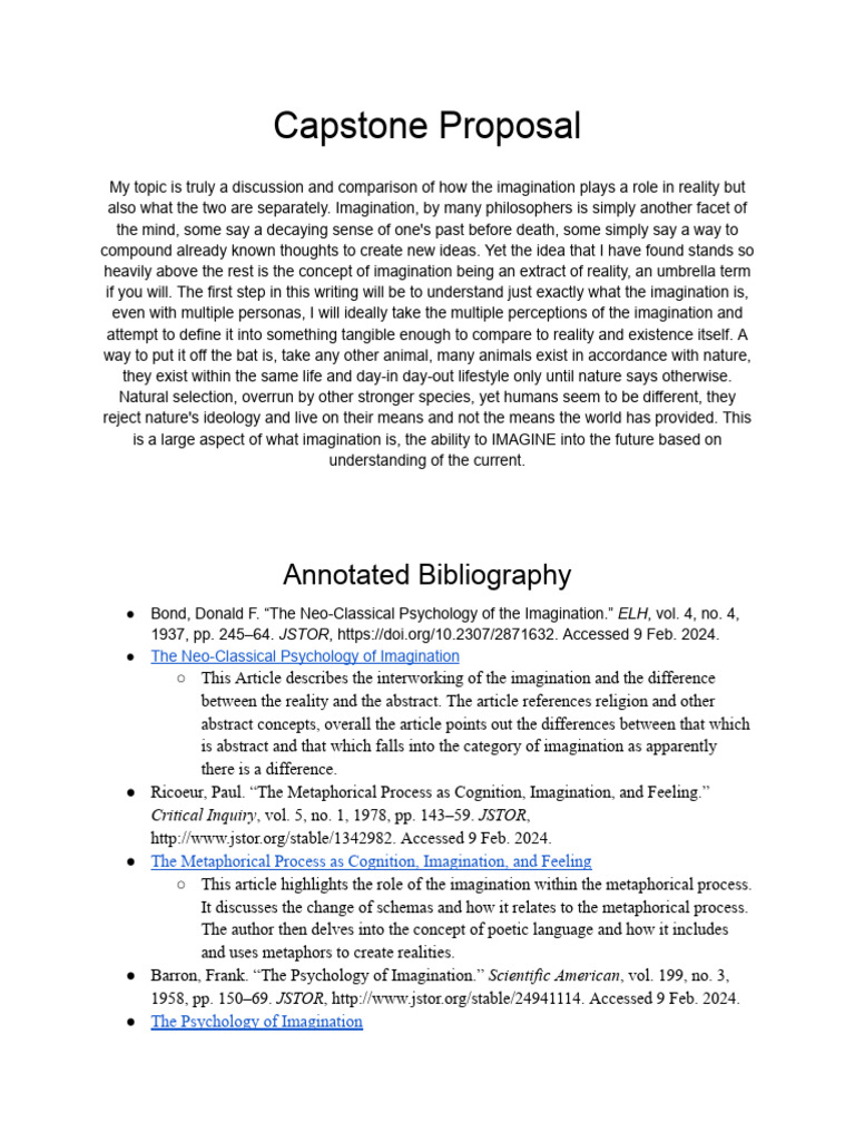 Capstone Proposal Annotated Bibliography | PDF | Imagination | Reality
