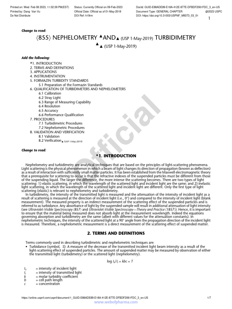 〈855〉 Nephelometry and Turbidimetry | PDF | Scattering | Light