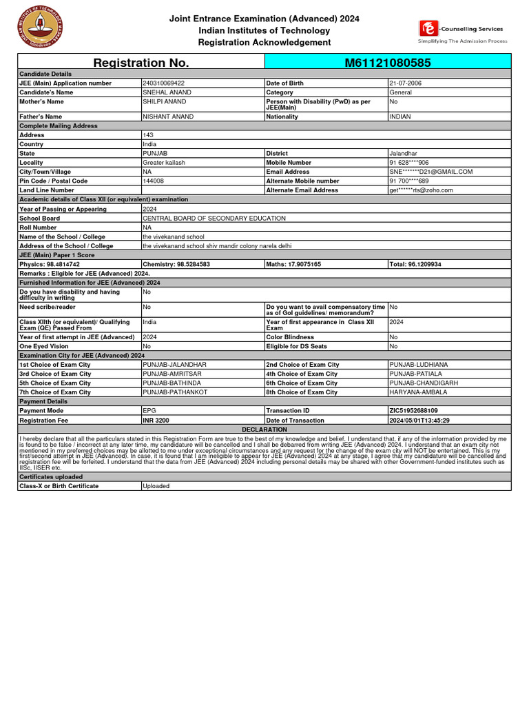 JEE Advanced 2024 Registration Confirmation | PDF | Vocational ...