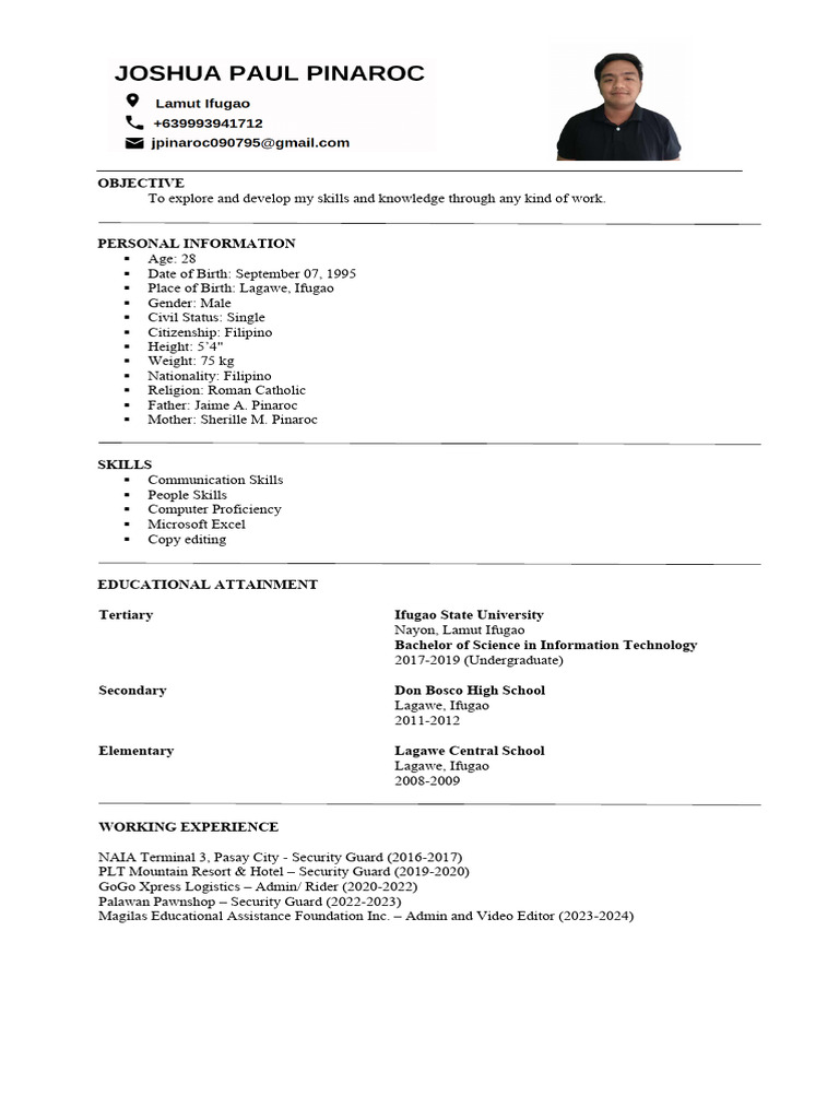CV- JOSHUA PAUL PINAROC | PDF