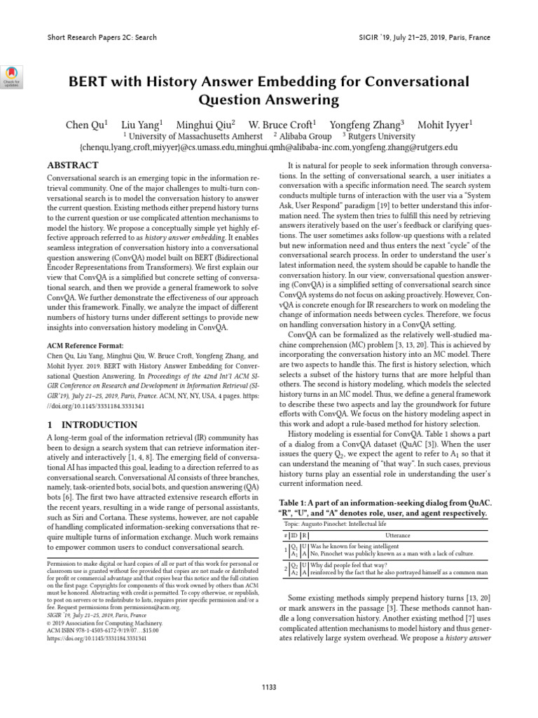 Bert With History Answer Embedding For Conversational Question Answering Pdf Information Science 1329