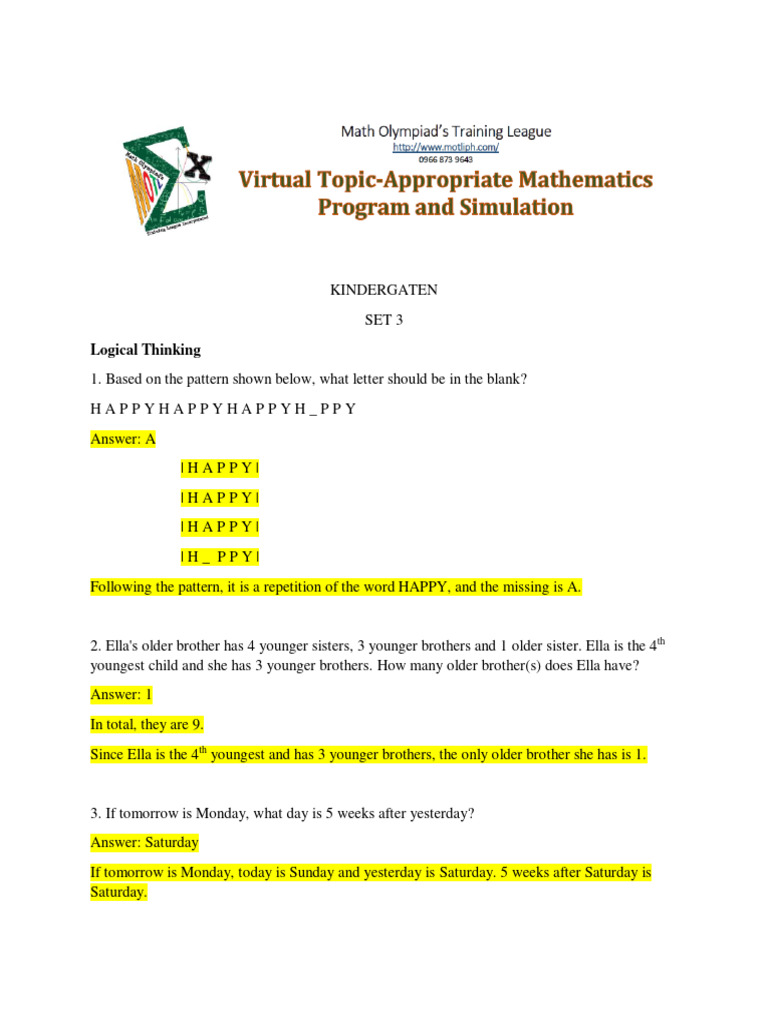 VTAMPS Session 3 - Kindergarten | PDF | Mathematics