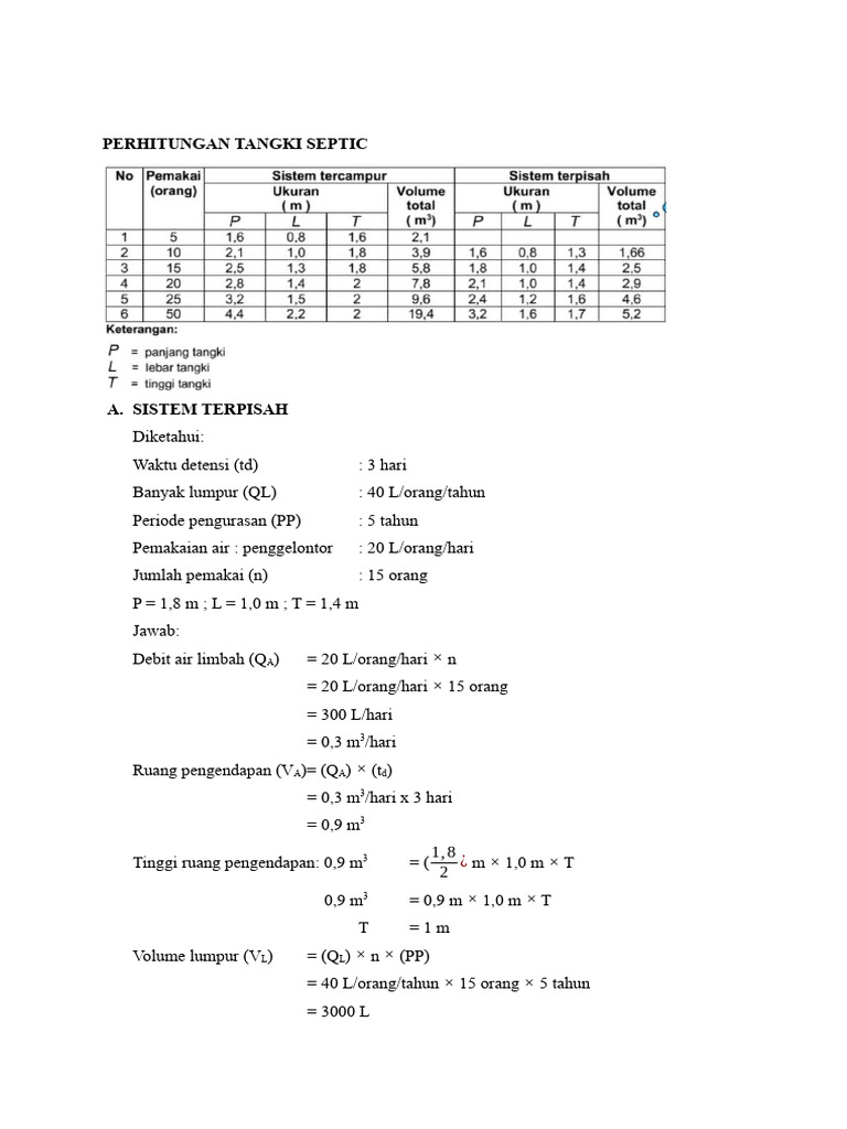 Perhitungan Sistem Terpisah Tangki Septic | PDF