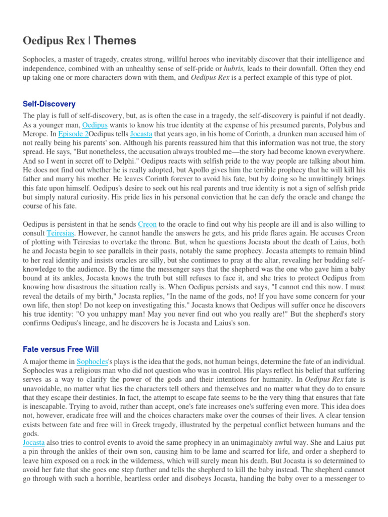 OEDIPUS REX THEMES | PDF | Sophocles | Theban Mythology