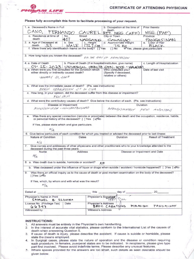 Cano Fernando C - Attending Physician Form | PDF | Causes Of Death ...