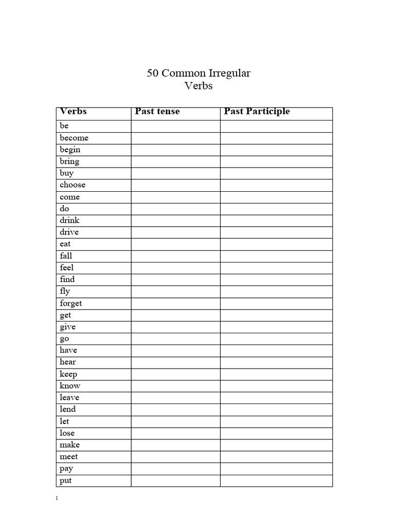 50 Common Irregular Verbs List | PDF | Language Arts & Discipline ...