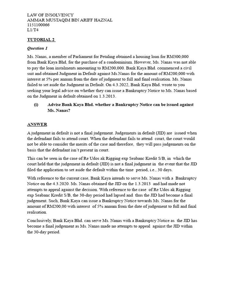TUTORIAL 2 | PDF | Bankruptcy | Judgment (Law)