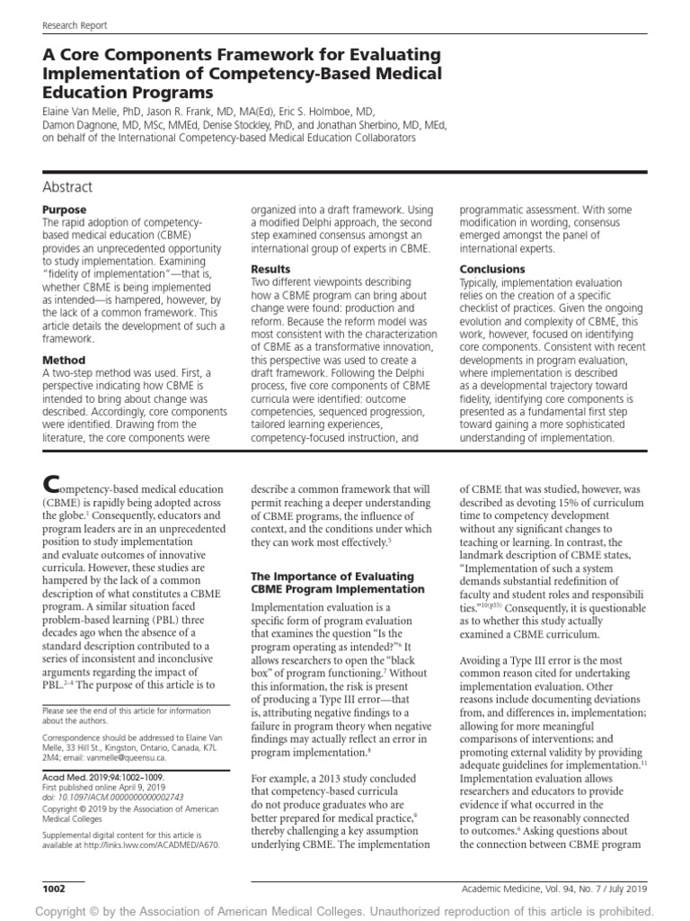 A Core Components Framework for Evaluating Implementation of Competency ...