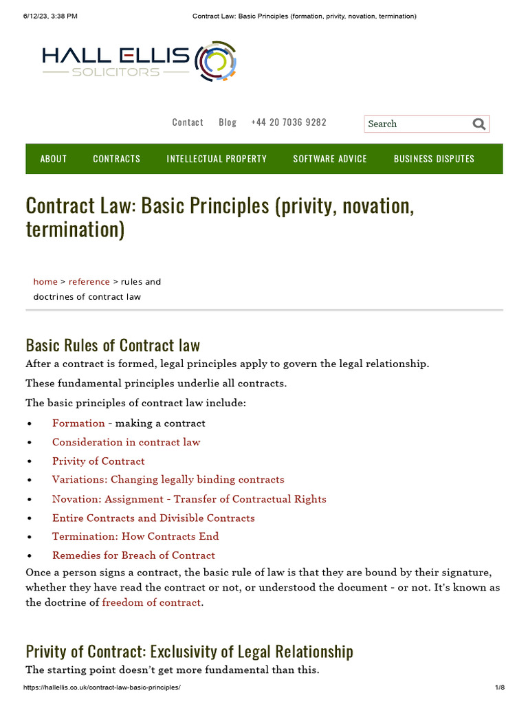 Contract Law - Basic Principles (Formation, Privity, Novation, Termination) | PDF | Assignment ...
